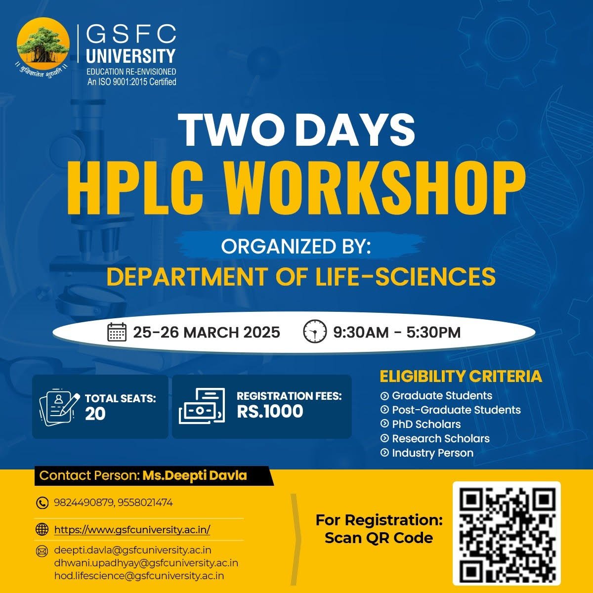 2 days Workshop on HPLC | GSFC University, Vadodara